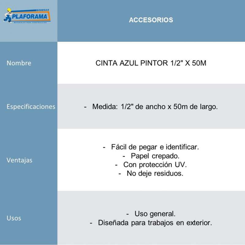 CINTA AZUL PARA PINTOR 1/2" X 50 M BYP CAZ50